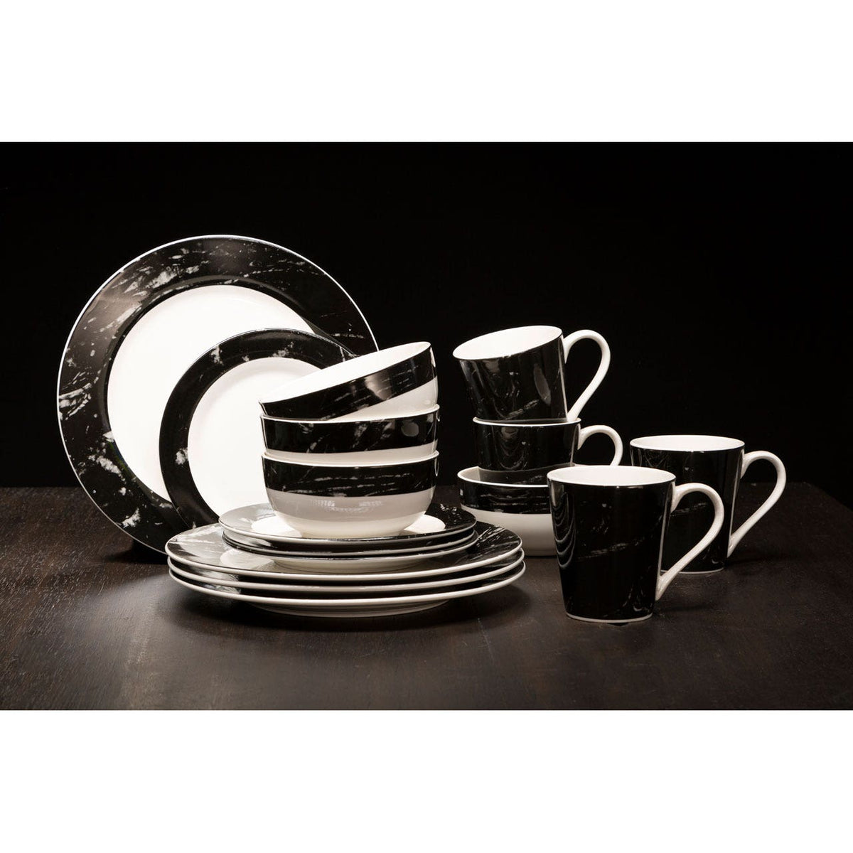 16Pc Black/White Marble Effect Dinner Set | Modern Home Interiors